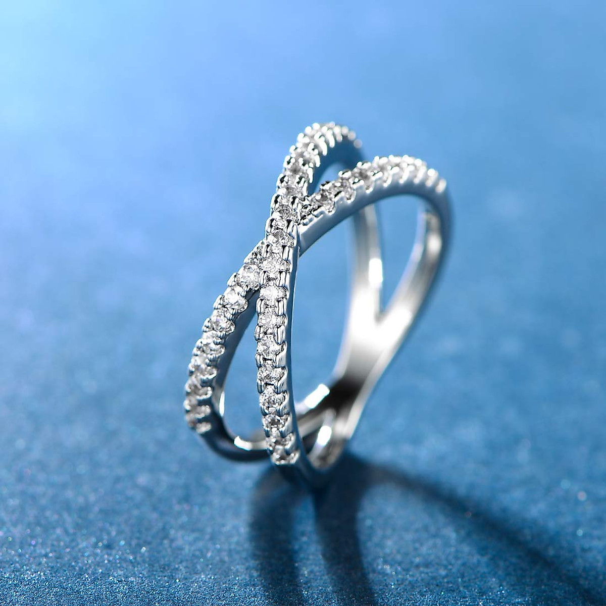 MDFUN 18K White Gold Plated Rhodium Cubic Zirconia Criss Cross X Ring for Women Engagement Wedding (5)