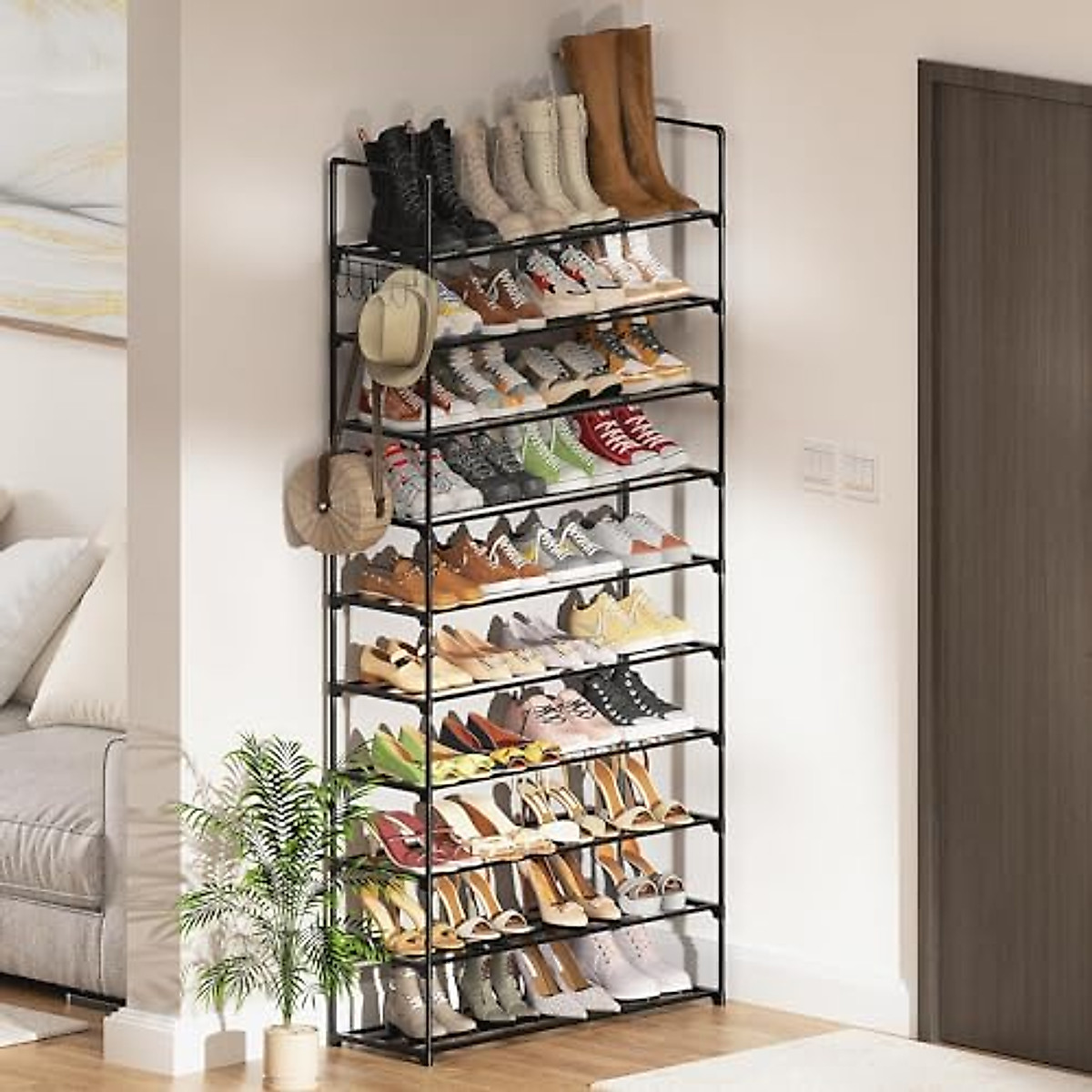 HOMICKER Shoe Rack,10 Tier Shoe Organizer Large Shoe Storage with Hooks,Fit 40-50 Pairs Shoes,Metal Tall Shoe Shelf for Closet,Entryway,Garage,Bedroom