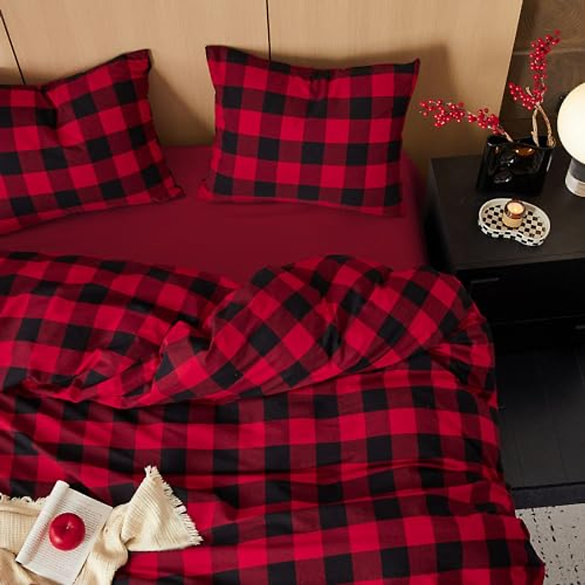 Wake In Cloud - Gingham Cotton Duvet Cover Set, Plaid Buffalo Check Checkered Farmhouse, 100% Washed Cotton Textured Percale Bedding Set, 3 Pieces, Red Black, California King Size
