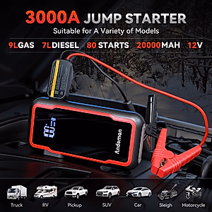 Andeman Car Jump Starter 3000A Peak 20000mAh (Start 9L Gas Engine or up to 7L Diesel Engine) Battery Charger Automotive, 12V Car Jumper, Power Bank Power Pack with Quick Charge Type-C Ports, Red