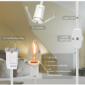 MEILUX Accessory Cord with LED Night Lights - White Cord with On/Off Switch, Warm White C7 Bulbs and Spare Fuse for Holiday and Home Decoration