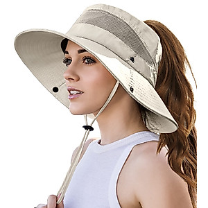 Sun Hat with High Ponytail Hole for Women, UPF 50+ UV Protection Safari Hiking Wide Brim Foldable Waterproof Beach Bucket Hat Beige