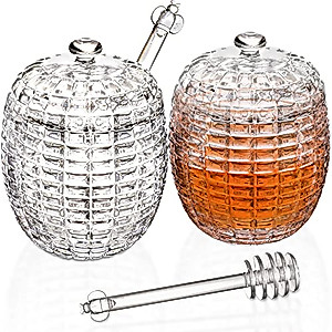 ZEAYEA 2 Pack Honey Jar with Dipper and Lid, 8 oz Glass Honey Pot Container, Clear Honey Holder Dispenser for Home Kitchen, Beehive Honey Dish for Store Honey and Syrup, Dishwasher Safe