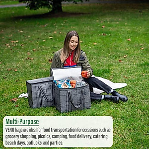 VENO 2 Pack Large Insulated Reusable Grocery Bag w/ Cardboard Bottom, Food Delivery, Heavy Duty, Collapsible (BLK Windowpane)