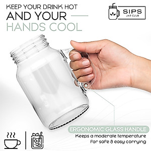 Sips Jar Club 20oz Mason Jar Mug Set of 4 with Handles, Lids, Straws & Cleaning Brush - Overnight Oats & Iced Coffee Cups