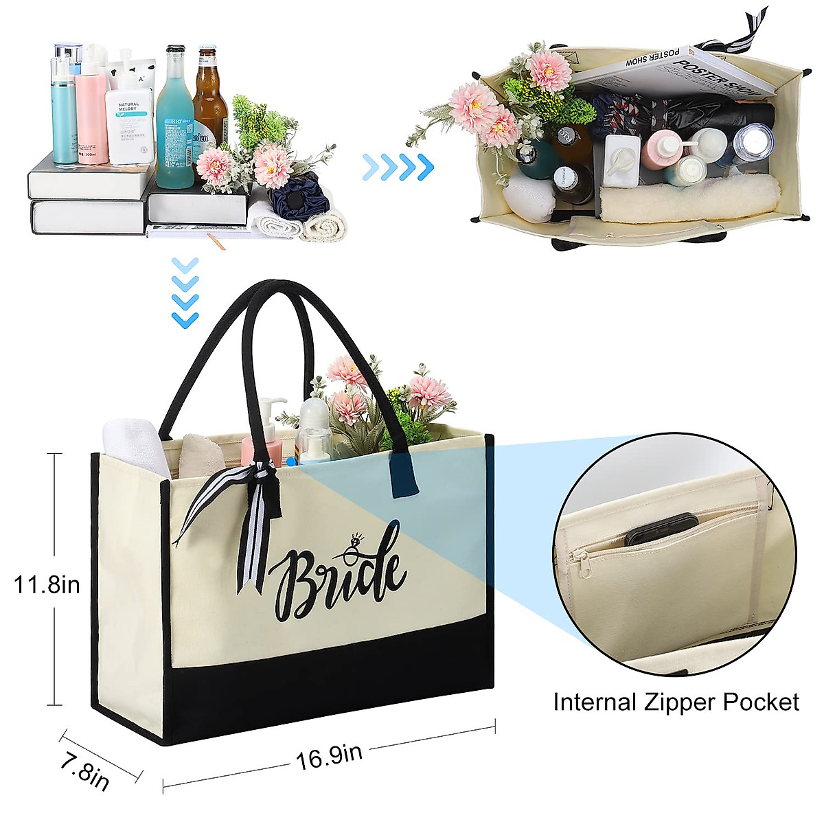 Bride Tote Bag Bridal Shower Gifts Embroidered Canvas Personalized Bridal Bag Engagment Wedding Honeymoon Gifts for Bride at Bachelorette Party Gift for Friend Trip Handbag with Internal Zipper Pocket
