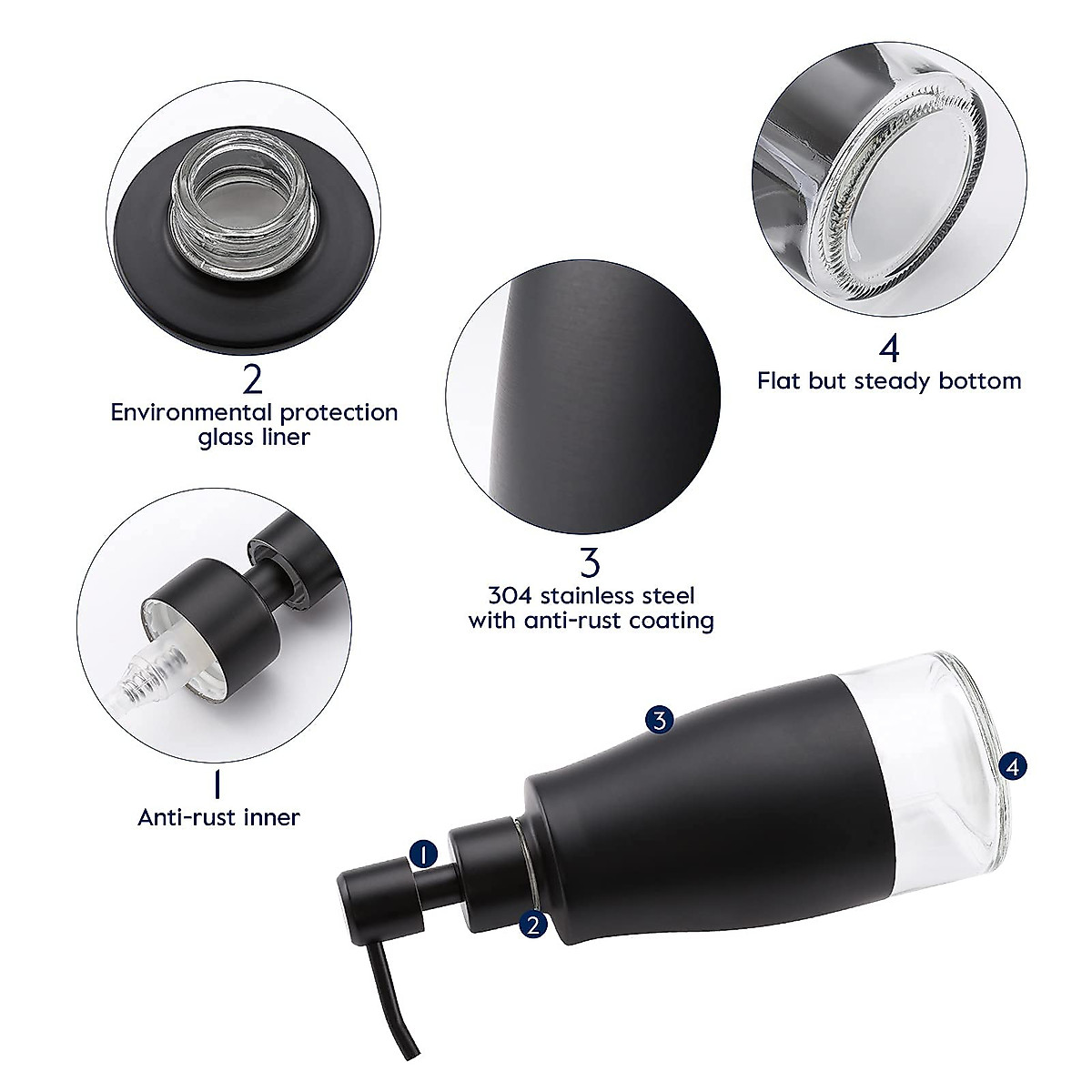 Gaussra Black Soap Dispenser with Coaster, Refillable Liquid Stainless Steel Soap Dispenser for Kitchen Sink, Bathroom Countertop (11OZ / 320ML)