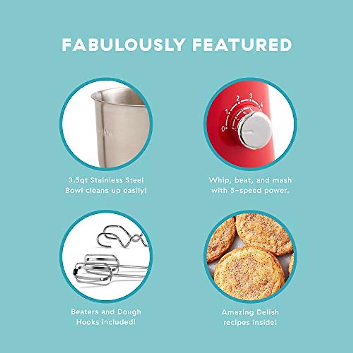 Delish by DASH Compact Stand Mixer, 3.5 Quart with Beaters & Dough Hooks Included - Red