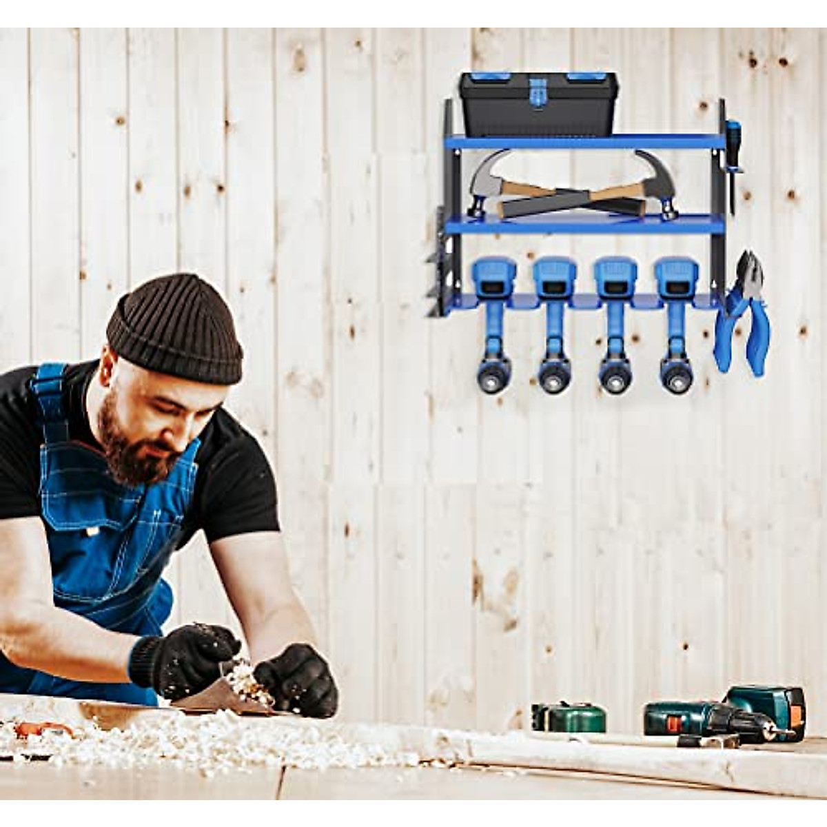 Hemacudy Drill Holder Power Tool Organizer,Drill Storage Rack Wall Mount Drill Holder Garage Tool Organizers and Storage for Garage,Workshop,Holds 4 Drills,Easy Assembly (Blue)