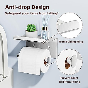 Adhesive Toilet Paper Holder with Phone Shelf, Wall Mounted Toilet Paper Roll Holder, Rustproof Bathroom Tissue Roll Holder with Shelf, Sticky Toilet Paper Roll Holder- Silver