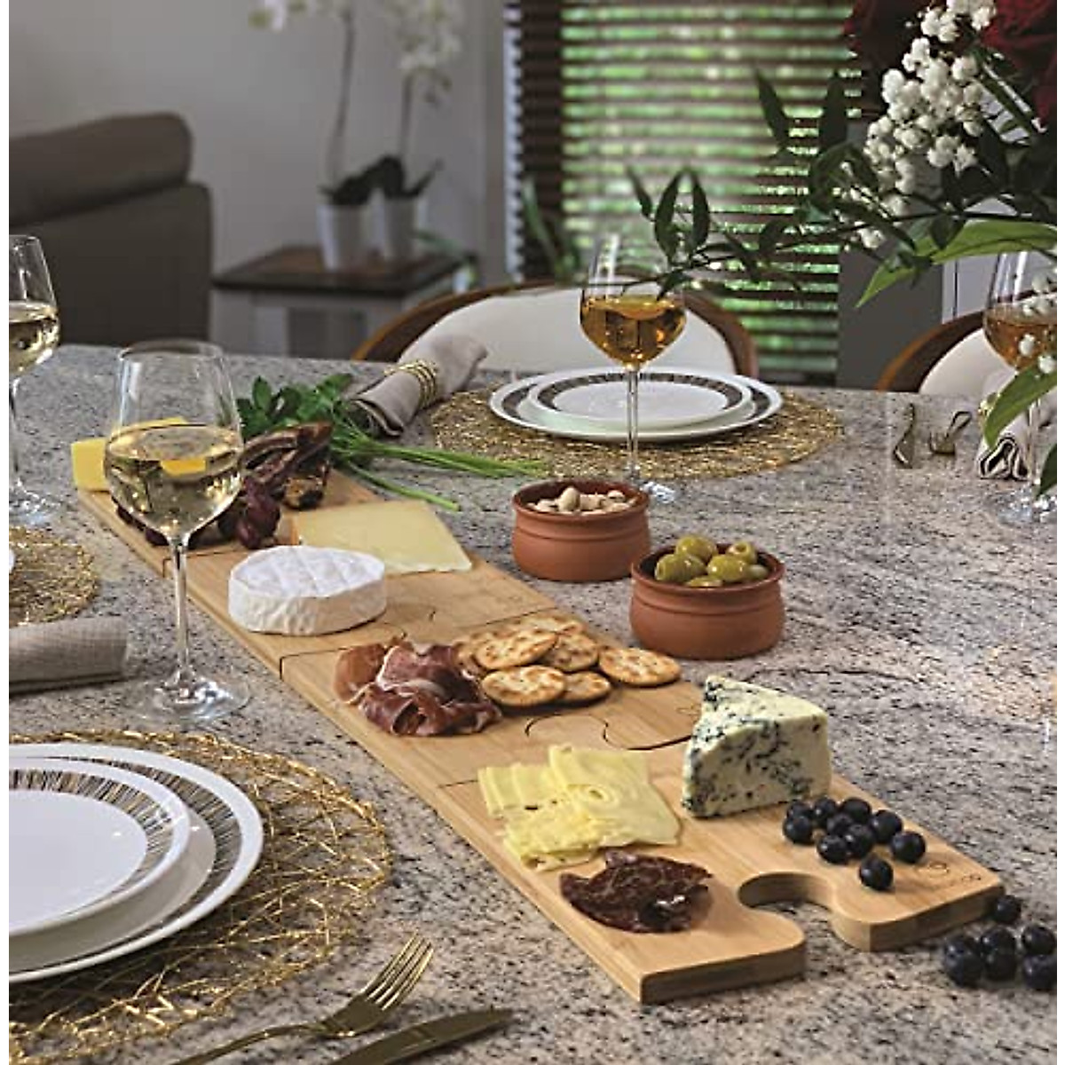 JAUNCO Bamboo Cheese Board Set of 4 | Large Charcuterie Boards | Unique Puzzle Design with Stand | Serving Platters and Trays for Parties | Cheeseboard Charcuterie Board Set | Wine Accessories