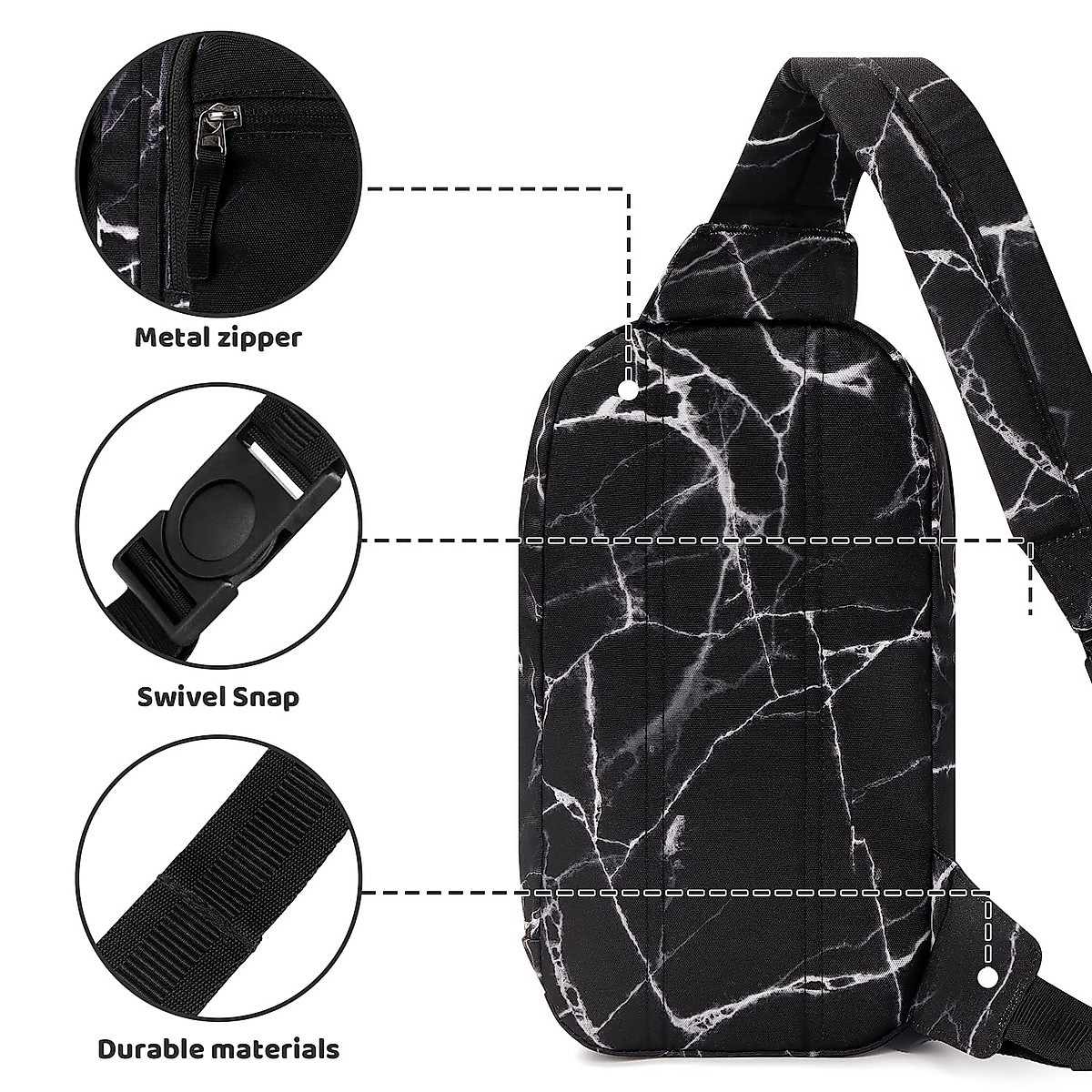 Choco Mocha Girls Sling Bag for Kids, Travel Hiking Sling Backpack for Teen Girls One Strap Women Daypack, Marble Black