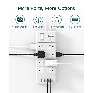 Power Strip Surge Protector - Addtam 16 Outlets(4-Side) and 4 USB Ports 5 Ft Flat Plug Extension Cord, Overload Surge Protection Outlet Strip, Wall Mount for Home, Office and More
