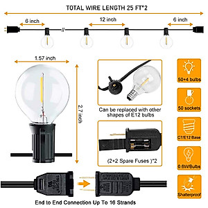 HooYan Outdoor LED String Lights Indoor Decor Lights Patio Garden Wedding Party G40 Globe Plastic Light Bulbs Waterproof Connectable Shatterproof 25Ft E12 Socket Base (50FT)