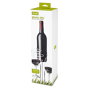 True Picnic Stix Wine Glass & Bottle Holders - Chrome Yard Drink Holders Stakes, Outdoor Wine Glass Beer Cup Drink Holder - Set of 3 (Pack of 1), Fits 2 Glasses and 1 Bottle, Metallic