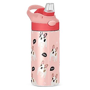 ALAZA Cartoon French Bulldog Kids Water Bottles with Lids Straw Insulated Stainless Steel Water Bottles Double Walled Leakproof Tumbler Travel Cup for Girls Boys Toddlers 12 oz / 350 ml,Pink