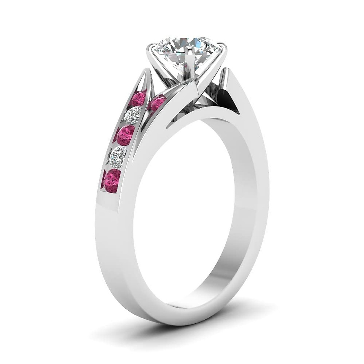 CustomizedGifts Channel Set Diamond Ring sterling silver Created Pink Sapphire Round shape Pink color Split Shank Engagement Ring channel Setting in Size 4 Party Wear Daily Wear Ornament