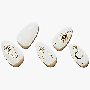 GLAMERMAID White Press On Nails Short Almond, 3D Gothic Handmade Soft Jelly Gel Fake Nails with Golden Star Blossom Design, Round Oval Stick Glue on Nail Kit for Women, Reusable Acrylic False Nail Set