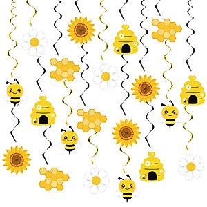 20PCS Bumble Bee Hanging Swirl Decorations, Bee Party Hanging Swirls Foil Ceiling Streamers Honey Bee Themed Party Supplies for Kids Birthday Baby Shower Gender Reveal Bee Day Party Decoration