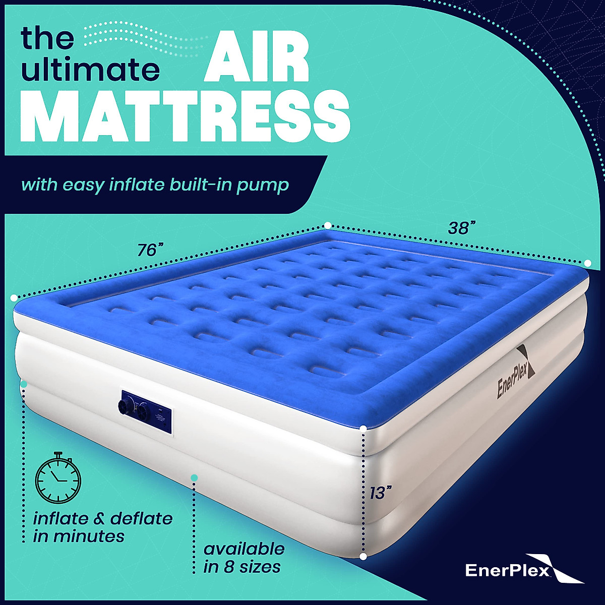 EnerPlex Twin Air Mattress with Built-in Pump - 13 Inch Double Height Inflatable Mattress for Camping, Home & Portable Travel - Durable Blow Up Bed with Dual Pump - Easy to Inflate/Quick Set UP﻿