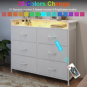 Welfuturer White Dresser for Bedroom with Charing Station and LED Light 6 Drawer Dresser with PU Finish Fabric Chest of Drawers for Closet Living Room Hallway Sturdy Steel Frame Double Wooden Tabletop