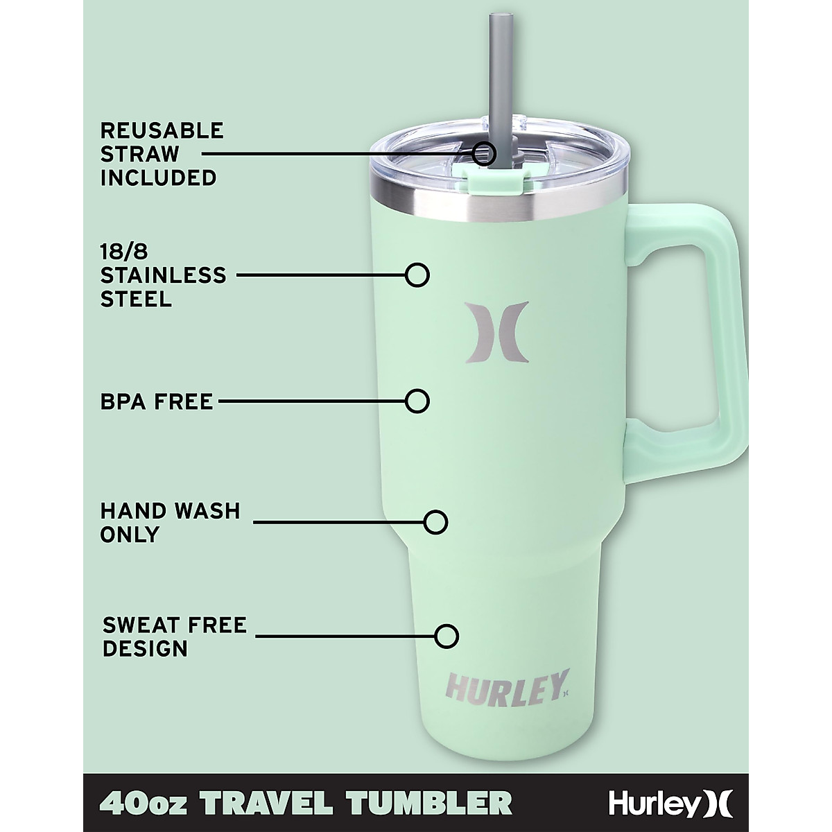 Hurley Tumbler Thermos - 40oz Double Wall Vacuum Insulated Travel Mug with Handle - BPA Free Stainless Steel Water Bottle - Leak Proof Hot and Cold Coffee Car Cup, Size 40 Ounces