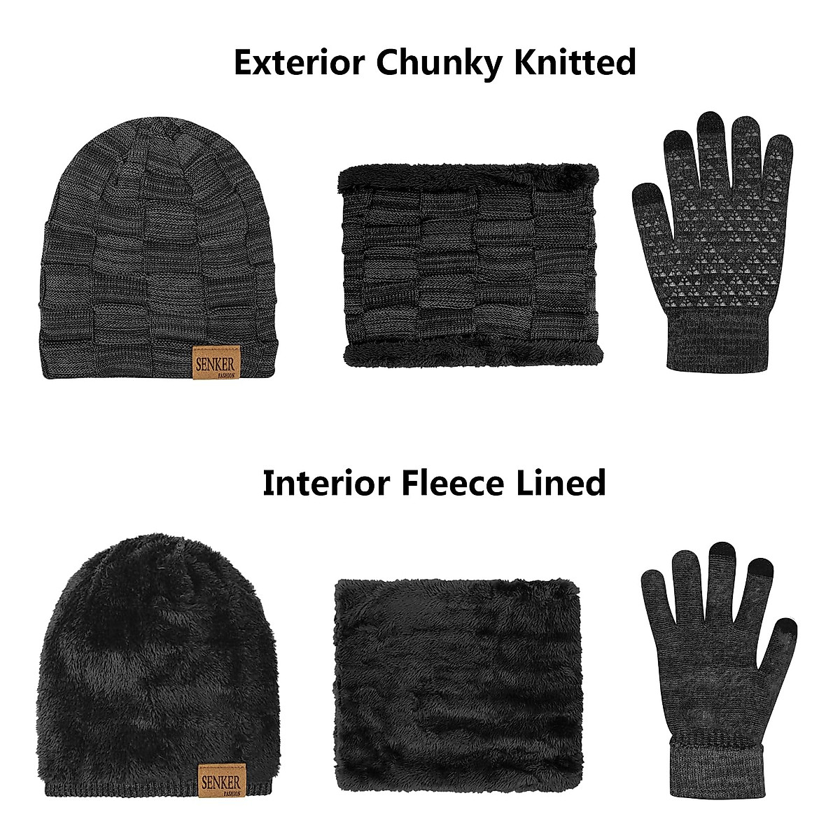 3 Pieces Winter Hat Scarf and Gloves Set for Men and Women, Knit Slouchy Beanie Cap&Neck Warmer&Screen-Touch Texting Gloves Black