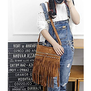 Women Hobo Fringe Crossbody Bag Vintage Small Bohemian Tassel Shoulder Bag Studded Faux Suede Western Hippie Boho Purse (Brown,One Size)