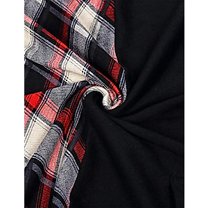 Miusey Knit Hoodie Women,Long Sleeve V Neck Plaid Patchwork Hoodie Polyester Form Fitting Thin Sweatshirt Decorative Wooden Buttons Pocket Fashion Sweaters for Women Black M