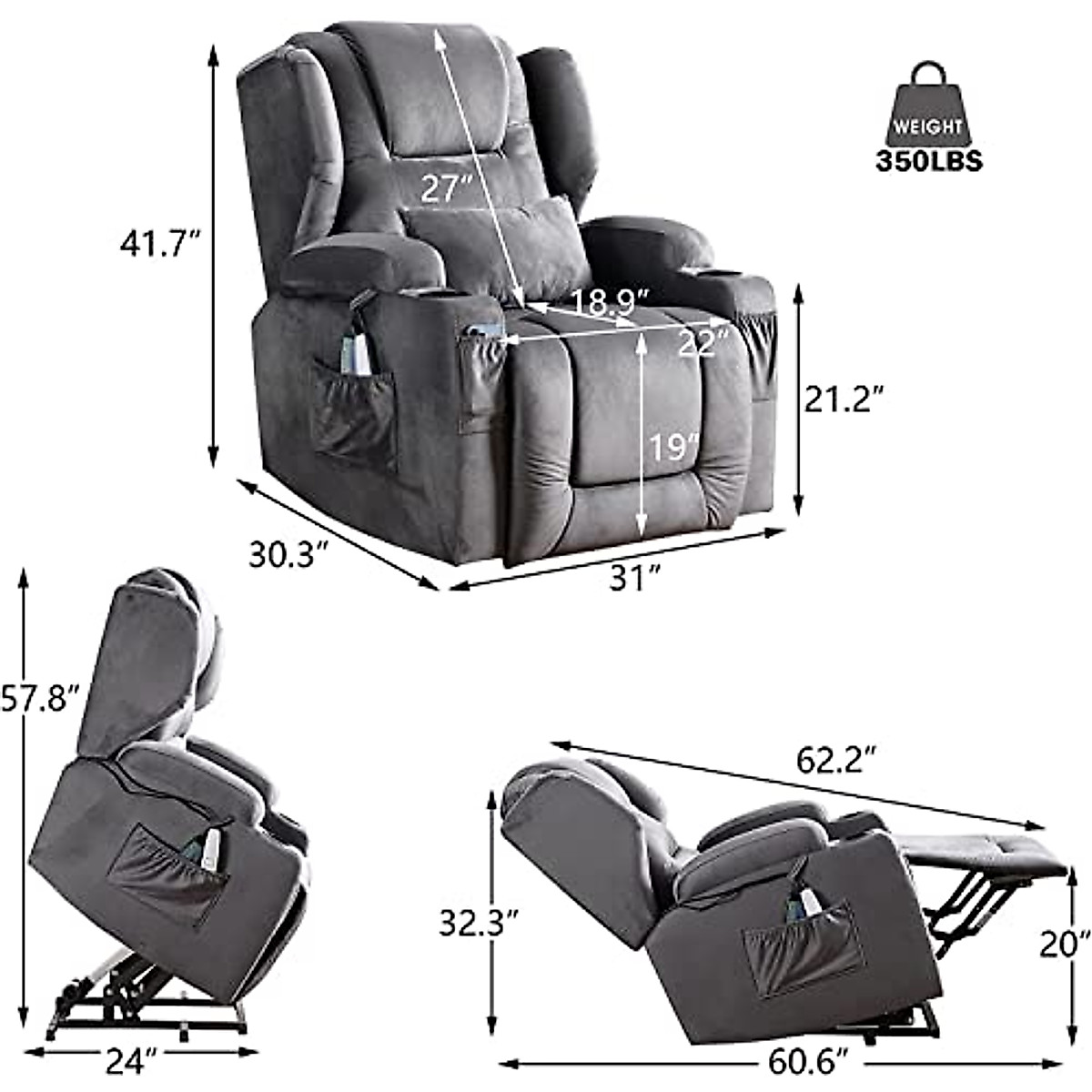 SAMERY Power Recliner Chair with Massage and Heat Velvet Electric Reclining Ergonomic Lounge Sofa Lift Chair for Elderly/Adult/Pregnant with USB Port, Pockets & Lumbar Pillow Living Room