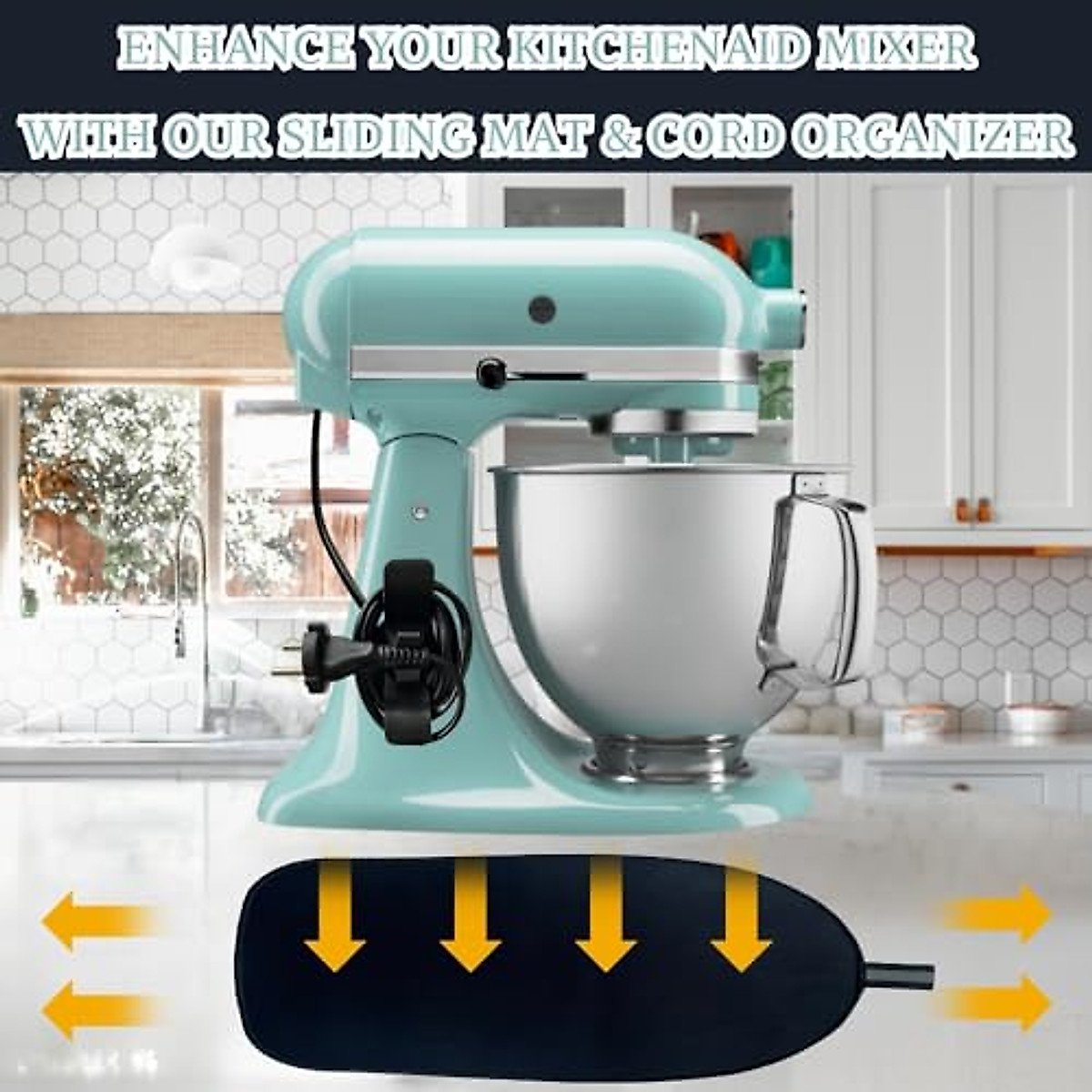 Heimn Sliding Mat and two Cord Organizers compatible with KitchenAid 4.5-5 Qt Tilt-Head Stand (4.5-5Qt Black Mat＋2xBlack Kitchen Accessories, 22x38-8.66x14.96")