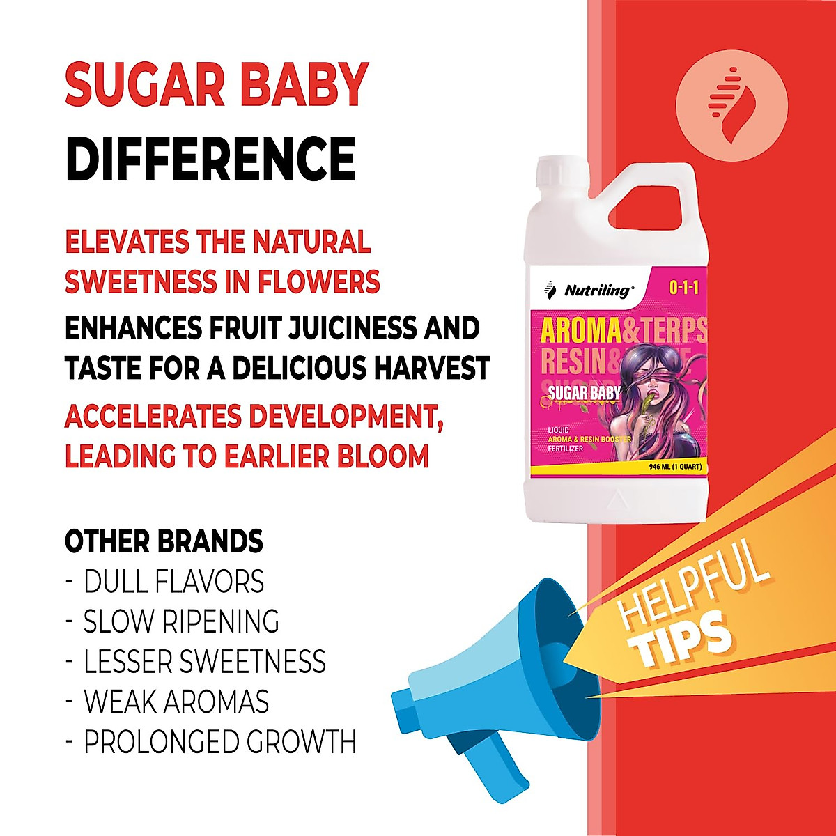 Terpenes Enhancer - Hydroponic Nutrients for Big Bud and Bud Candy Taste. Use as Soil Flower Food and Hydroponic Plant Food - Sugar baby 0-1-1 Bloom Booster Terpinator by Nutriling 32OZ