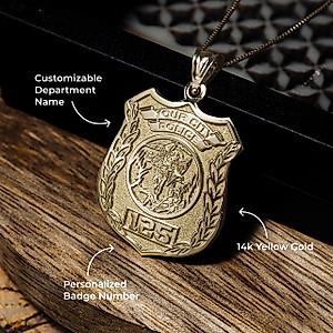 PicturesOnGold.com Solid 10K Yellow Gold Saint Michael Personalized Police Badge with Department & Badge Number - Size 1 x 1-1/4 Inch