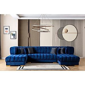 STAFFORA Sectional Sofa, Double Chaise Oversized U Shaped Couch, Ariana 7 Seater Velvet Sofa for Living Room (Blue)