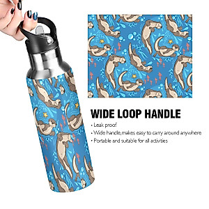 Glaphy Cute Sea Otters Pattern Water Bottle with Straw Lid, BPA-Free, 20 oz Water Bottles Insulated Stainless Steel, for School, Office, Gym, Sports, Travel