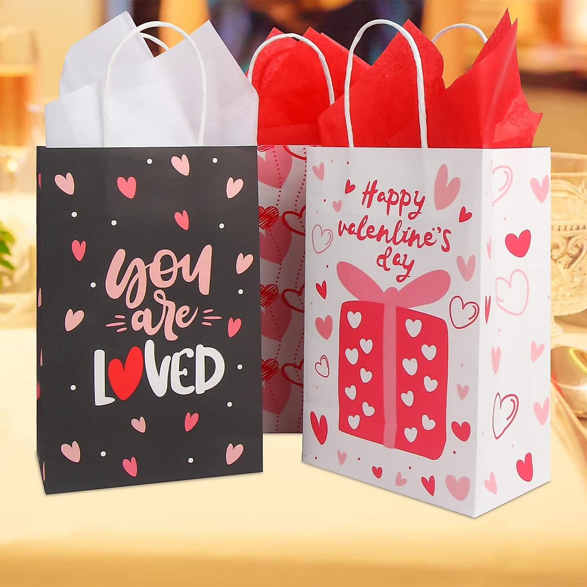DIYASY Valentine's Day Paper Gift Bags with Tissue Paper,24 Pack Red Pink Heart Love Candy Present Bags with Handle for Wedding and Valentine Party Favors Gift Wrapping Supply