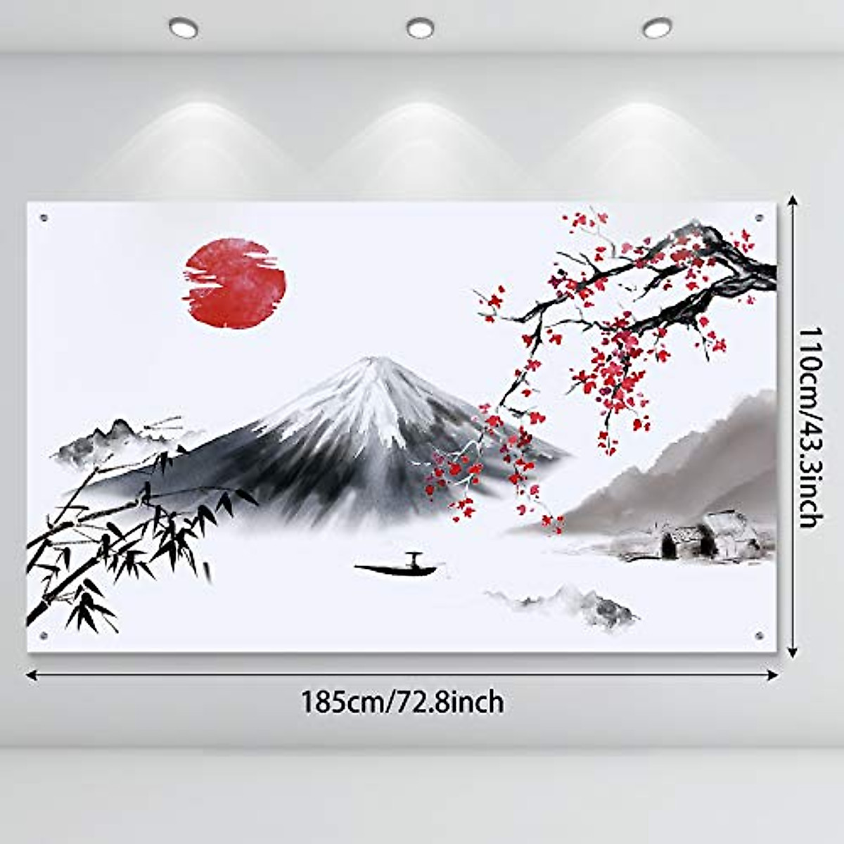 Japanese Wall Hanging Photo Banner Asian Mount Fuji Red Sun Backdrop Japanese Landscape Nature Background for Japanese Party Wall Home Decorations, 72.8 x 43.3 Inch