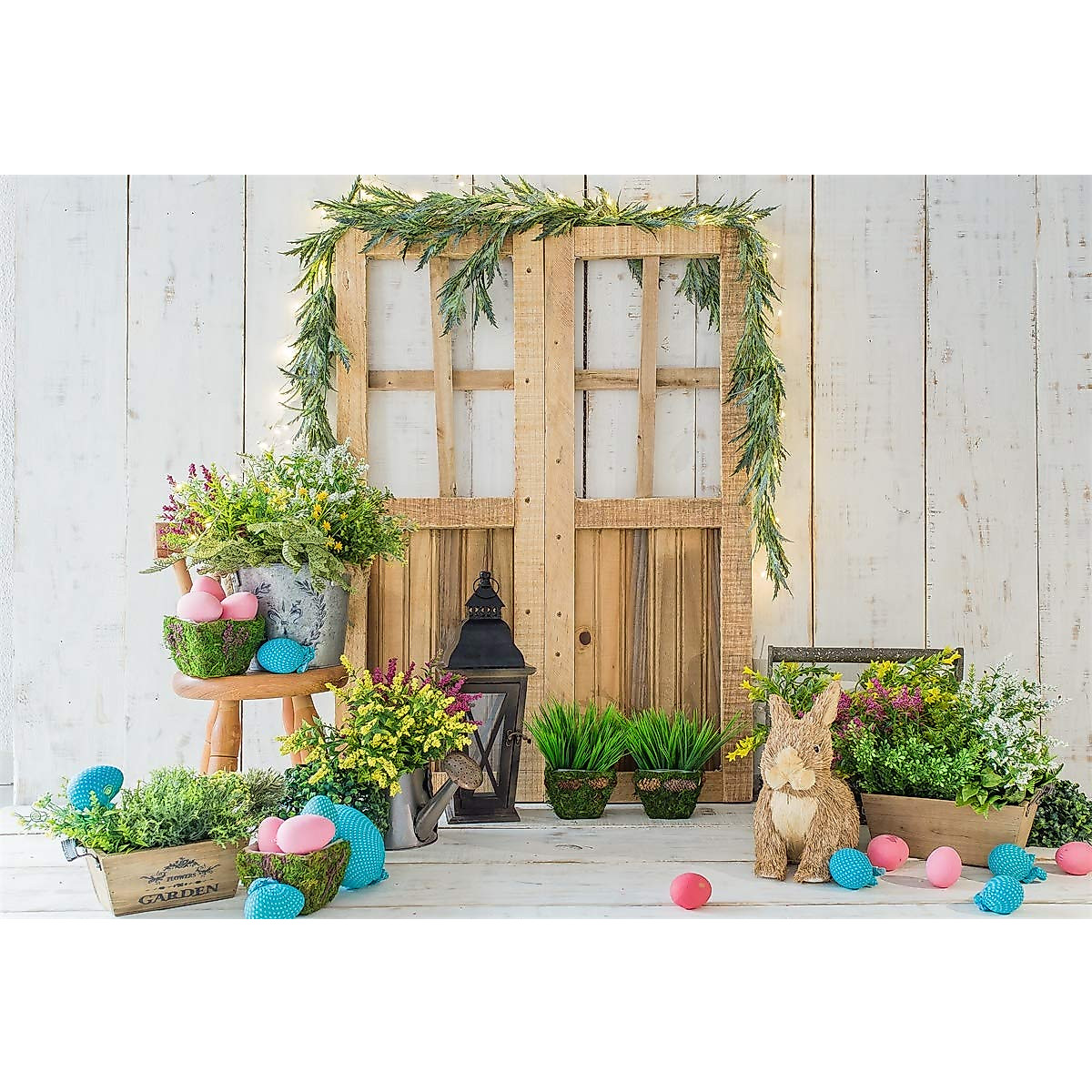 7x5ft Spring Easter Photography Backdrops Wood Barn Eggs Flowers Happy Easter Background for Photo