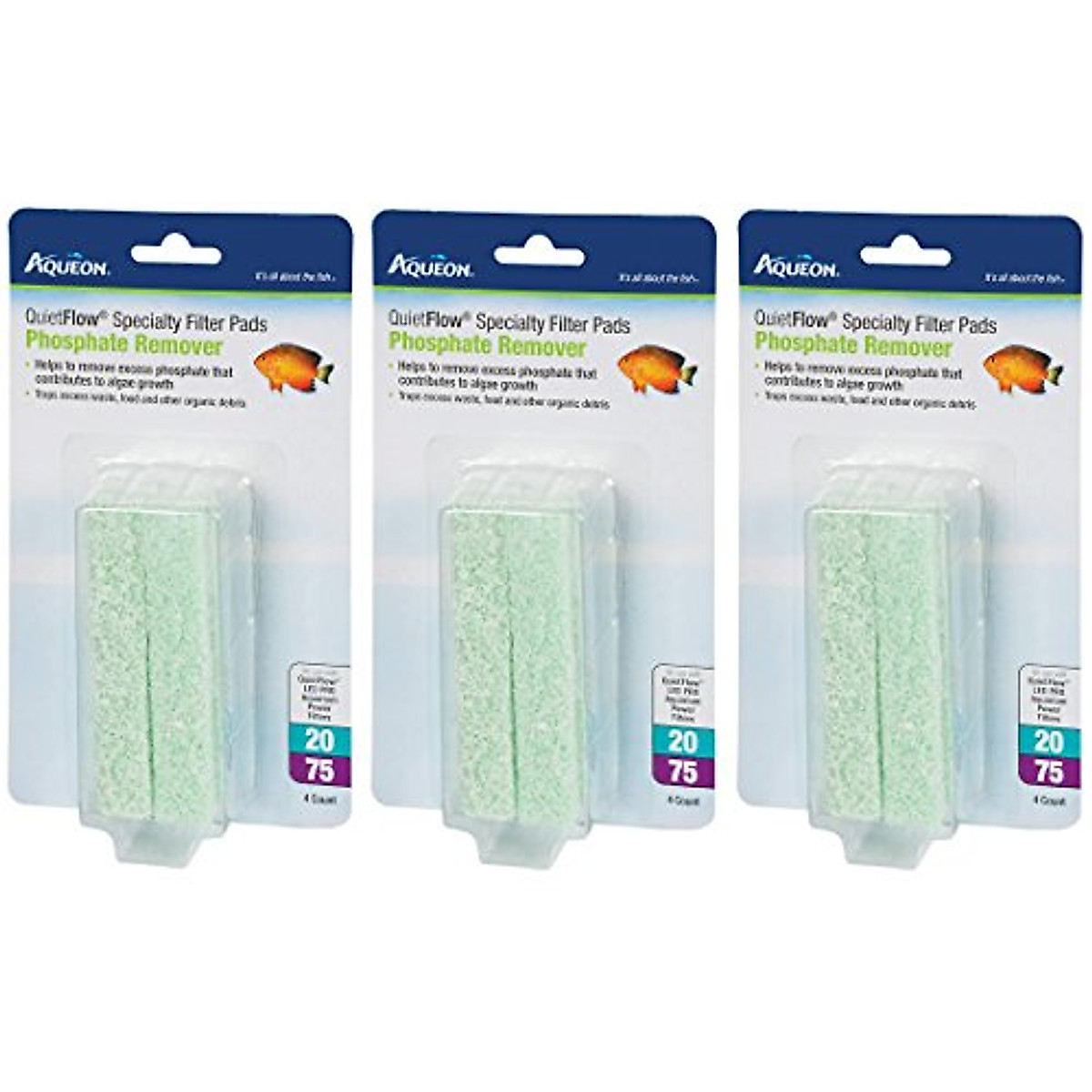Aqueon QuietFlow Phosphate Remover Specialty Filter Pads, Size 20/75, 4 Pads Per Pack (12 Count)