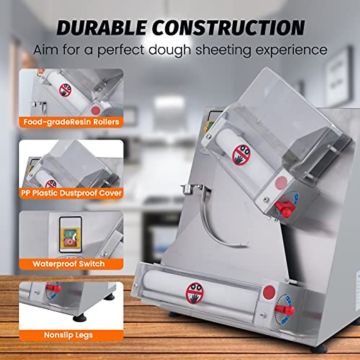 Hakka Pizza Dough Roller Sheeter - Adjustable Thickness and Size, Transparent Covers, 304 Stainless Steel, 370W, 110V