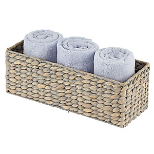 mDesign Woven Hyacinth Narrow Bathroom Toilet Roll Holder Storage Organizer Basket Bin - Rectangle Containers for Bathroom, Toilet Tank - Hold 3 Rolls of Toilet Paper - 2 Pack - Gray