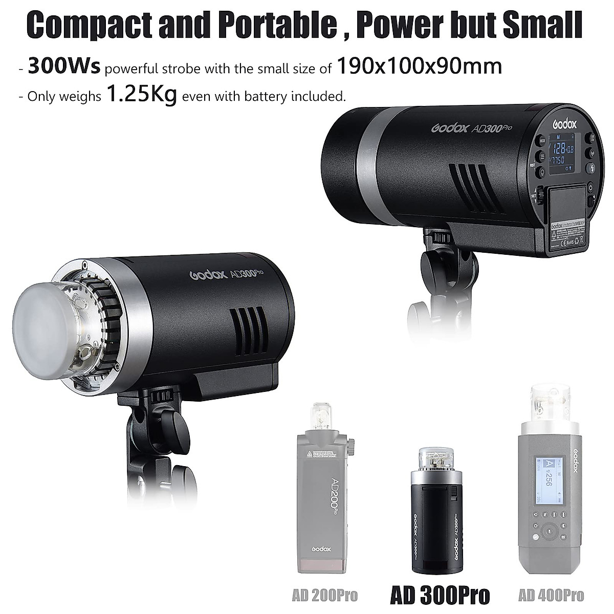 GODOX AD300Pro Outdoor Flash Strobe Monolight, 300Ws 2.4G TTL HSS 1/8000s Portable Flash Speedlight with Bi-Color Modeling Lamp and Recharagable Lithium Battery for Photography Outdoor Shooting