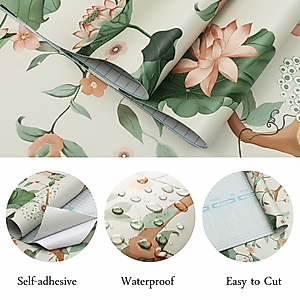 GloryTik 16.14" x 118" Floral Peel and Stick Wallpaper Lotus Leaf Birds Self Adhesive Wallpaper Flowers Contact Paper Beige/Green/Pink Removable Wallpaper for Room Wall Cabinets Decoration