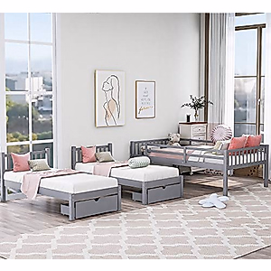 BOVZA Full Over Twin & Twin Bunk Bed, Wood Triple Bunk Bed with Drawers and Guardrails for 3 Kids Girls Boys Teens, Gray