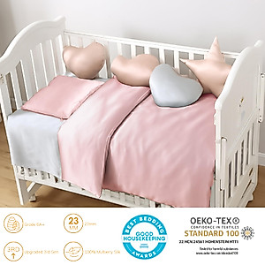 PROMEED Real 22 Momme Silk Baby Crib Duvet Cover Set with Toddler Size Silk Pillowcase, 100% Grade 6A Natural Mulberry Silk Crib Bedding Sets for Boys/Girls (Pink, Crib)