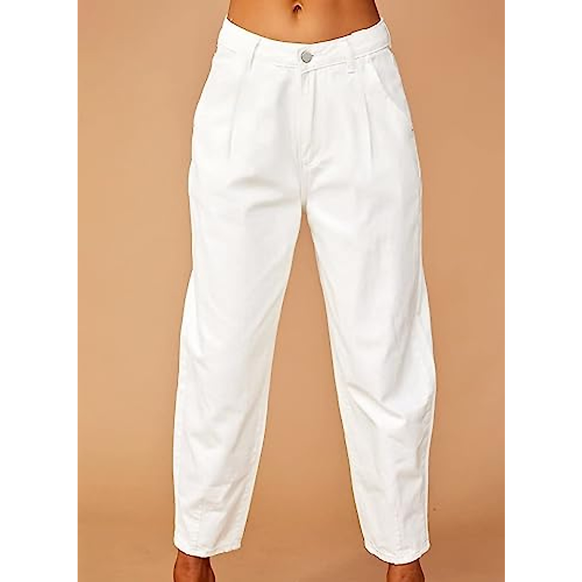 Astylish Women White Jeans High Waist Casual Loose Boyfriend Cropped Mom Denim Pants White Size 12