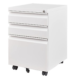 AFAIF 3 Drawer Mobile File Cabinet with Lock, Rolling File Cabinet for Home Office, Under Desk Small File Cabinet, Metal Vertical White Filing Cabinet for Legal/Letter/A4 File, White
