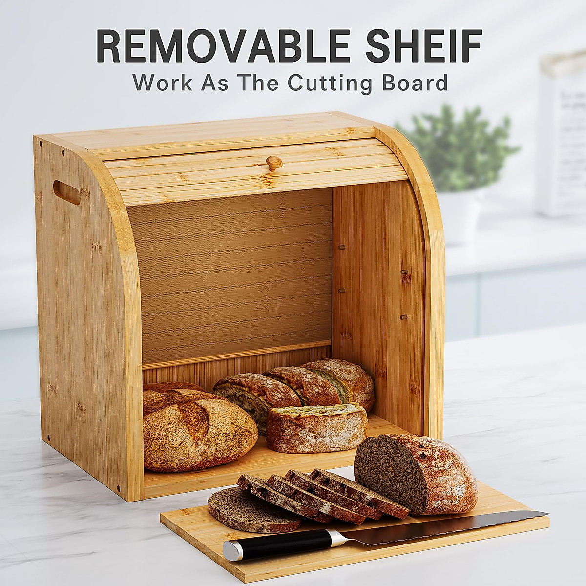 Merysen 2 Tier Bamboo Bread Box for Kitchen Countertop–Bread Storage Holder, Large Capacity Bread Storage Container, with Removable Layer for Home Storage and Display (Self-assembly)