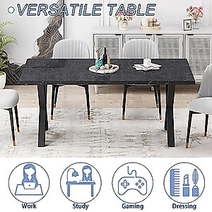 Modern 70-Inch Large Dining Table, Rectangular Table with Printed Marble Table Top, Faux Marble Luxury Dining Table with Metal X-Shape Legs, Modern Table for Office Kitchen Dining Living Room, Black