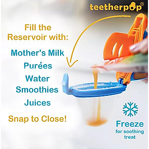 Teetherpop Fillable Silicone Teether for Babies – Cooling Teething Relief - Breastmilk Popsicle Molds for Teething with Spill-Proof Sippy Slits – Pureed Baby Fruit Feeder (BlueOrange)